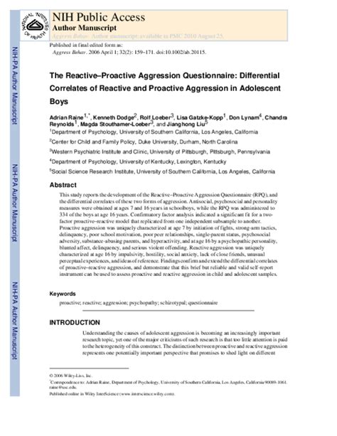 Pdf The Reactive Proactive Aggression Questionnaire Differential Correlates Of Reactive And