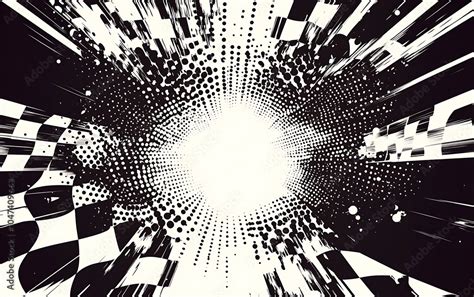 Abstract black and white checkered pattern with a dotted, swirling, and light tunnel design ...