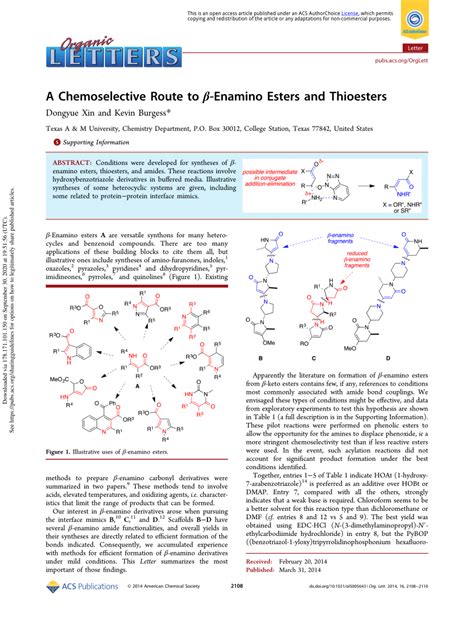 Pdf Cheminform Abstract A Chemoselective Route To β Enamino Esters And Thioesters
