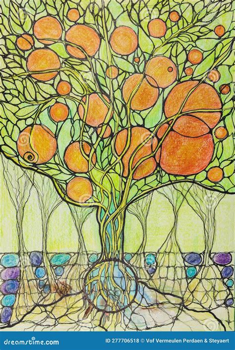 Neurographic Green Tree Of Life With Oranges Stock Illustration