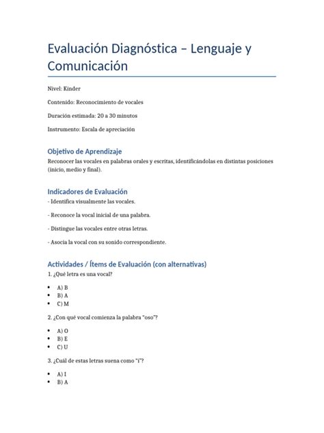 Evaluación Diagnóstica Lenguaje Kinder Pdf