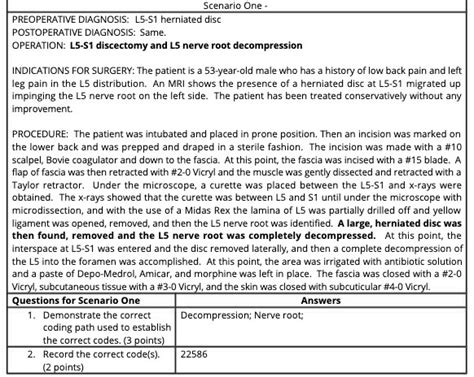 Solved Cpt Coding Scenario One Preoperative Diagnosis L5 51 Herniated Course Hero