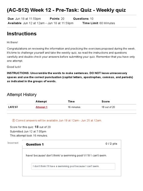 Ac S12 Week 12 Pre Task Quiz Weekly Quiz Ingles Iv 6224 Pdf Punctuation