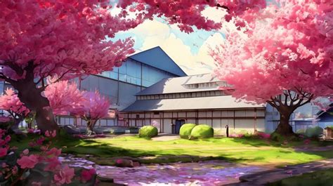 Premium Photo Animeinspired School Landscape With Cherry Blossoms In