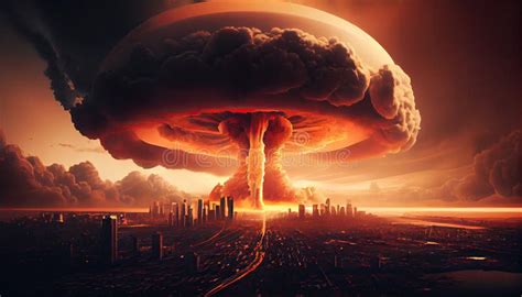 Big Nuclear Explosion Mushroom Cloud Effect Over City Skyline Generate Ai Stock Illustration