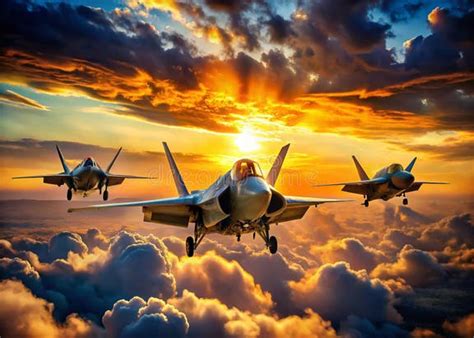 Stunning Aerial View Of Stealth Fighter Jets Against A Dramatic Sunset