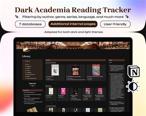 Book Tracker Notion Planner Reading Tracker Notion Dark Academia Notion Template Notion Reading