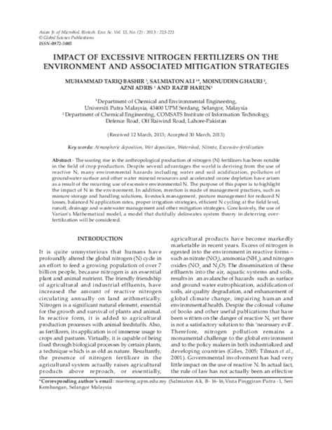 Pdf Impact Of Excessive Nitrogen Fertilizers On The Environment And