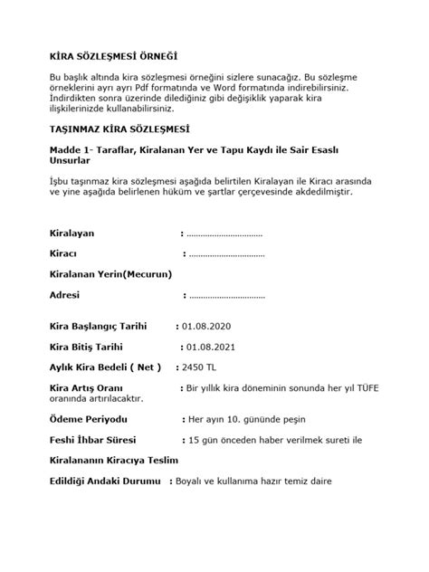 Ornek Kira Sozlesmesi Ornegi Pdf