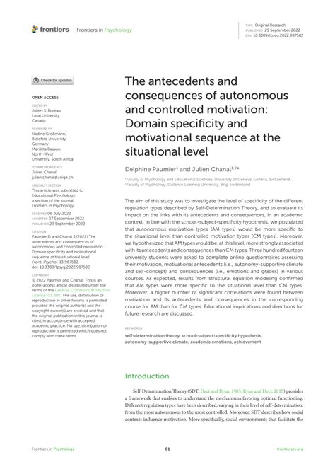 Pdf The Antecedents And Consequences Of Autonomous And Controlled