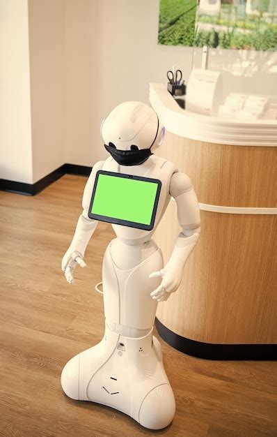 Premium Photo Futuristic Robot Assistant Innovative Technology In Protective Mask Full Length