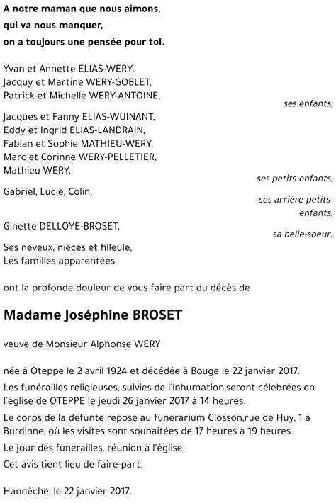 Avis De Décès De Joséphine Broset Décédé Le 22012017 à Bouge