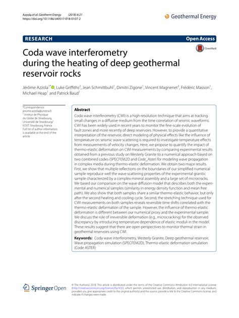 Pdf Coda Wave Interferometry During The Heating Of Deep Geothermal Reservoir Rocks