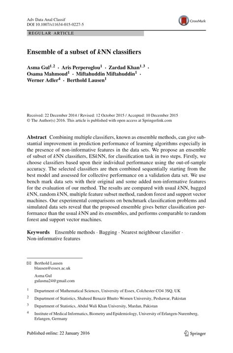 Pdf Ensemble Of A Subset Of Knn Classifiers