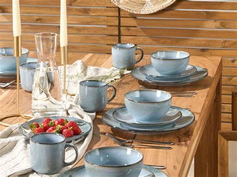Set Of 16 Stoneware Dinnerware Light Blue Juniper Uk