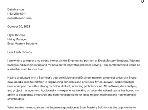 2025 Engineering Student Cover Letter Example Free Template