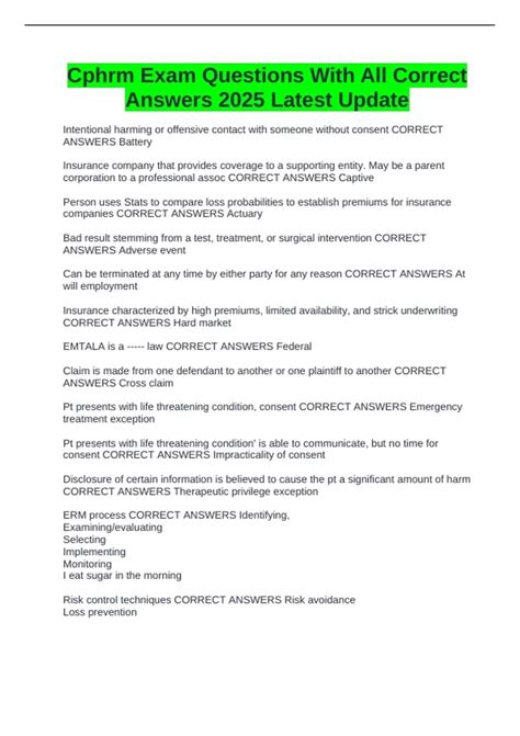 Cphrm Exam Questions With All Correct Answers 2025 Latest Update