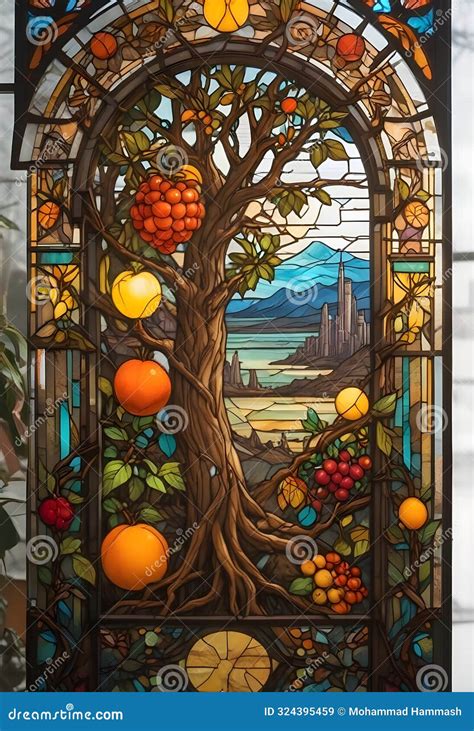 Stained Glass Window Featuring A Fruit Tree And Cityscape Stock Vector