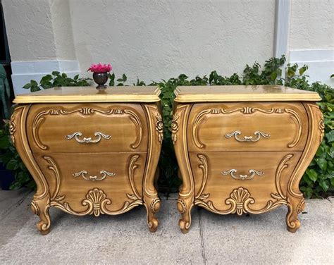 French Provincial Rococo Nightstands Pair Of Bombe Nightstands Floral