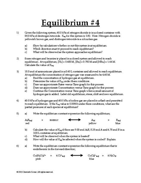 Equilibrium Worksheet 4 By Chemists Corner Tpt