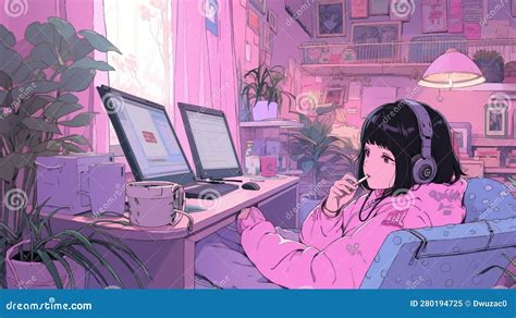 Cute Lofi Girl In A Room Illustration Anime Manga Style Wallpaper Background Design Generative