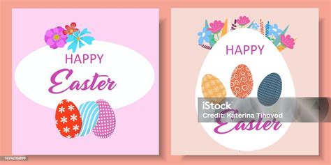 배너 인사말 카드 포스터 휴일 표지의 행복한 부활절 세트 타이포그래피 손으로 그린 식물 점 계란 및 파스텔 색상의 트렌디 한 디자인 미니멀리스트 현대 미술 스타일 4월에