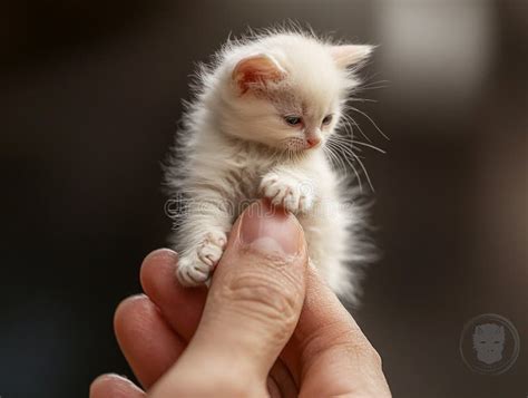 Close Up Photo Of A Tiny Cute Kitten Standing On A Human Finger Stock