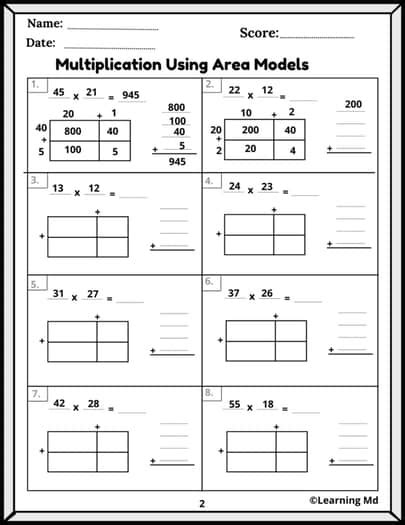 2 Digit By 2 Digit Multiplication Using Area Models By Learning Md
