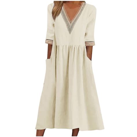 Womens Cotton Linen Dress Summer Midi Dresses With Pockets 2023 Spring