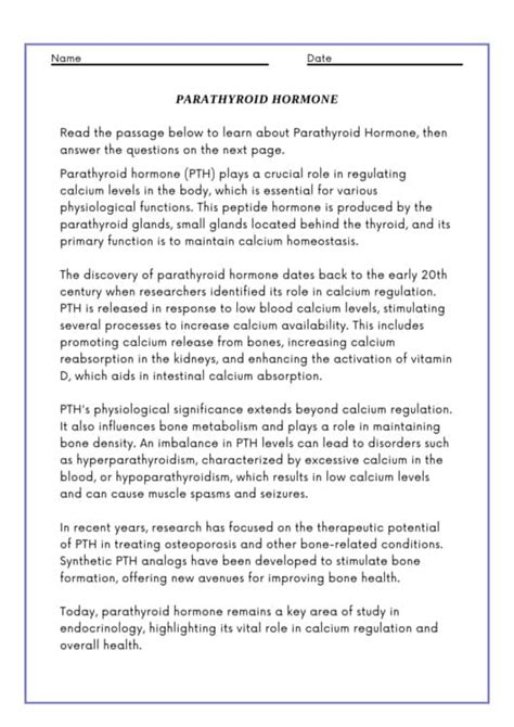 Parathyroid Hormone Reading Comprehension Passages And Questions Worksheet