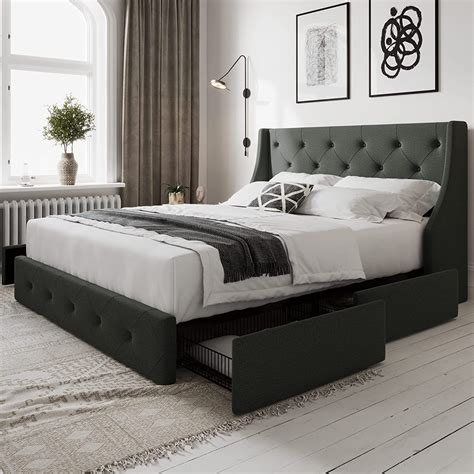 Allewie Full Size Platform Bed Frame With 4 Storage Drawers Button