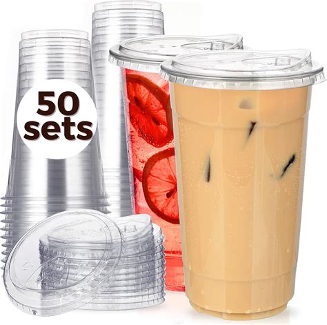 32 Oz Clear Plastic Cups With Strawless Sip Lids 50 Sets Disposable Cups Plastic