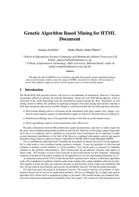 Pdf Genetic Algorithm Based Mining For Html Document
