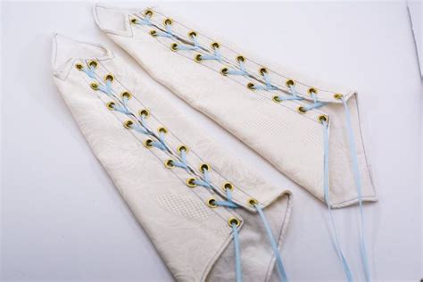 Cloth Bracers Small White Brocade Long Pointy Cuffs Brass Grommets Blue Laces Pair Elven Armor