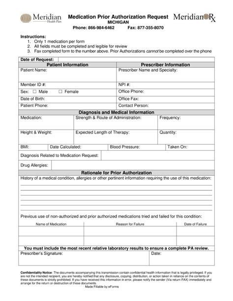 Free Meridian Prior Rx Authorization Form Pdf Eforms