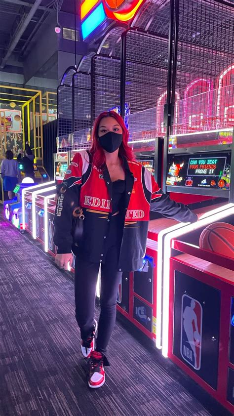 Streetwear Arcade Outfit Idea Photoshoot Racer Jacket Red Jordan Ones