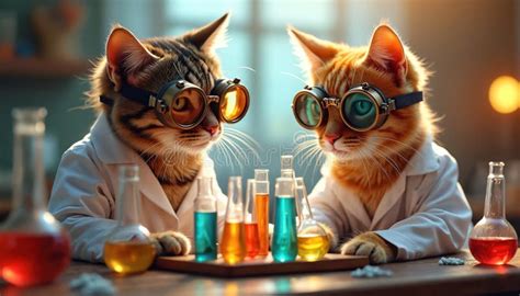 Two Cats In Lab Coats And Goggles Conduct Colorful Liquid Experiments