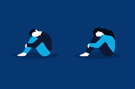 슬프고 불행하고 외로운 남자와 여자는 앉아서 무릎을 껴안고 우울증에 우울한 사람들 어두운 방에서 남성과 여성 정신 건강 만화 플랫 스타일의 벡터 일러스트레이션 검은색에 대한