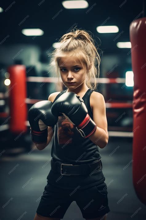 Premium Photo Young Girl Wearing Boxing Gloves In Boxing Ring