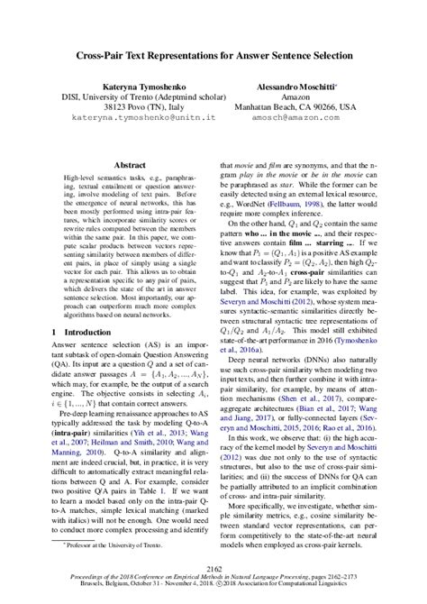 Pdf Cross Pair Text Representations For Answer Sentence Selection