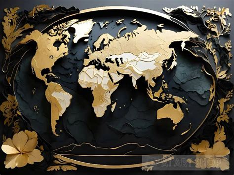 Black And Gold World Map Wall Art