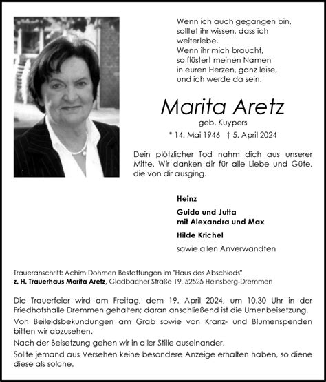 Traueranzeigen Von Marita Aretz Aachen Gedenkt