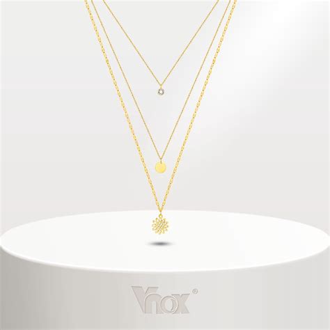 Vnox สร้อยคอสเตนเลส 18k จี้รูปดอกทานตะวัน ประดับเพทาย ทรงกลม สามชั้น