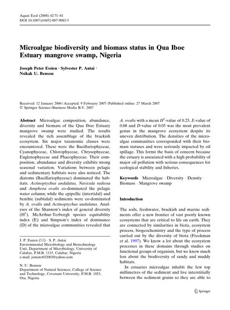 Pdf Microalgae Biodiversity And Biomass Status In Qua Iboe Estuary