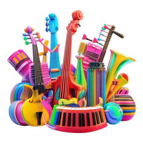 3d Rendering Of A Colorful Musical Instruments Collage Against A