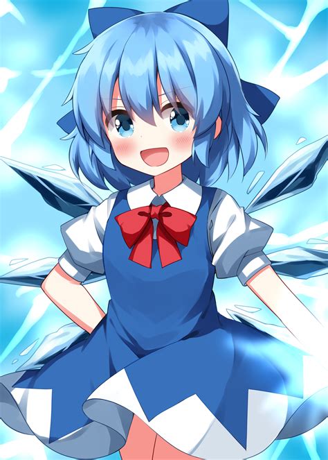 Ruu Tksymkw Cirno Touhou Highres 1girl D Blue Background Blue Bow Blue Dress Blue