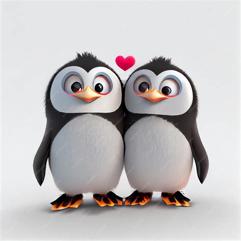 Linda Pareja De Pingüinos Enamorados De Corazones 3d Render Ilustración