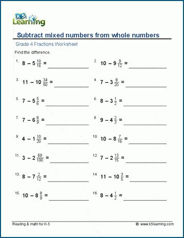 Subtract Mixed Numbers From Whole Numbers Worksheets Worsheets