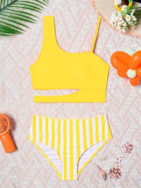 Tween Girls Cutout Stripe Splice Bikini With Separated Bottoms Set