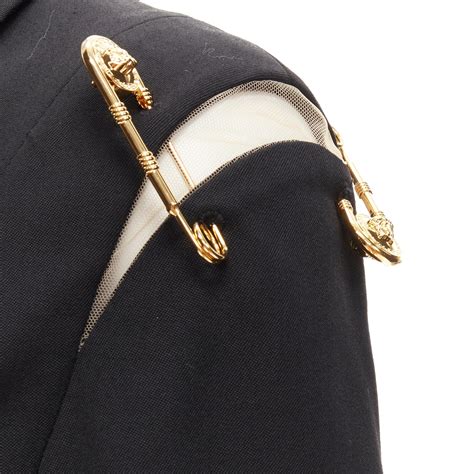 Rare Versace Black Wool Gold Medusa Safety Pin Punk Blazer Jacket It38
